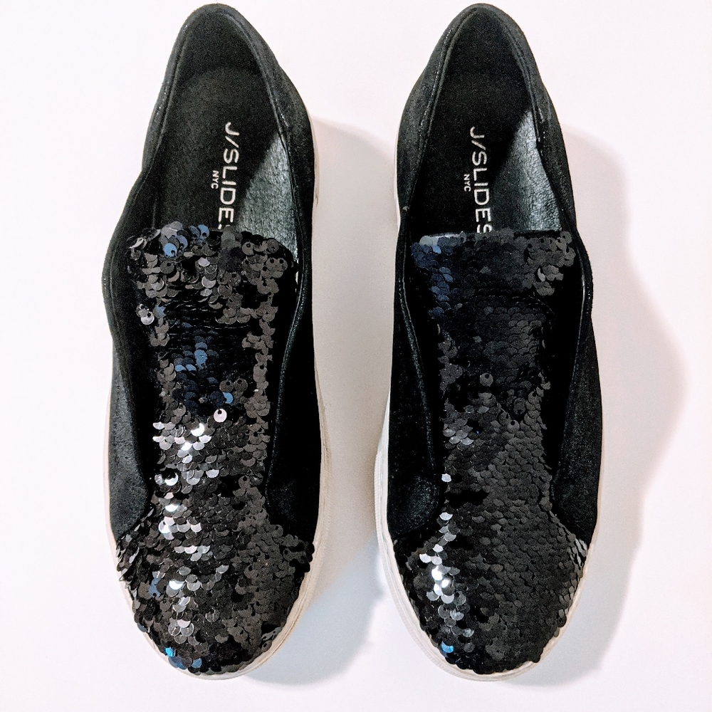 Anthropologie J/Slides Black Sequin Slip Ons Sz 8 - Gem